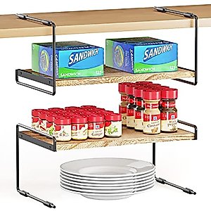 SpaceAid Cabinet Shelf Organizers 2 Pack, Kitchen Counter Organizer Rack Under Shelves Riser, Pantry Cupboard Storage Organization, Metal and Wood, Black and Natural, 16" Wide