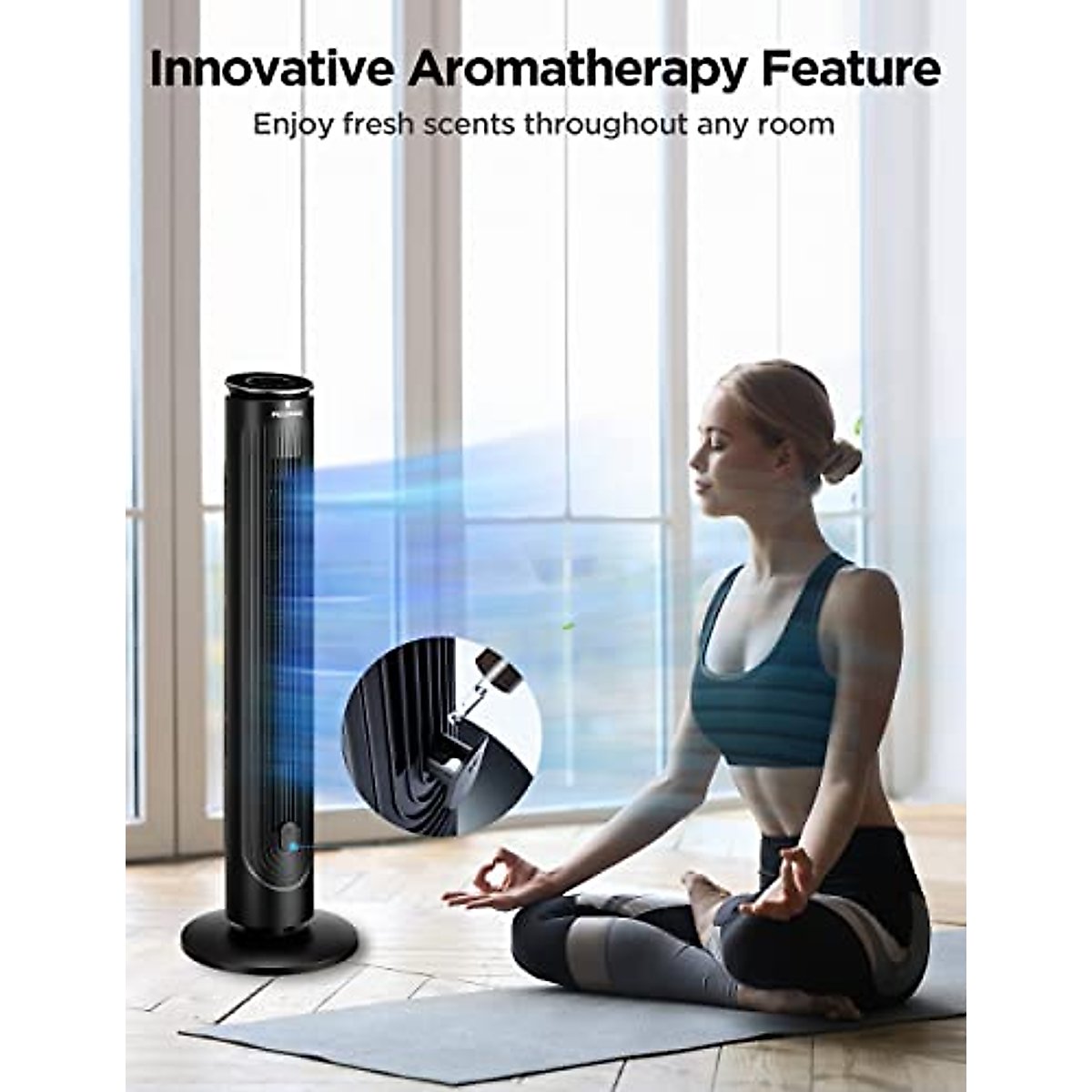 PELONIS 40''Oscillating Tower Fan | Remote Control, Black & 42’’ Oscillating Tower Fan with Aromatherapy Diffuser, Remote Control, 5 Speed Settings, Black