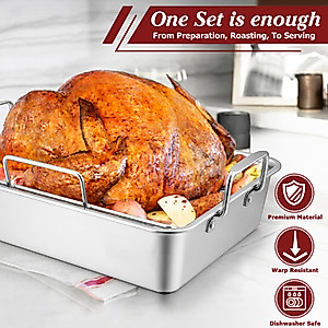 Roasting Pan with Rack for Turkey Chicken, Joyfair Stainless Steel Roaster Pan and V-rack for Toaster Oven, Rectangular Bakeware with Sturdy Handles, Heavy Duty & Dishwasher Safe (Large)