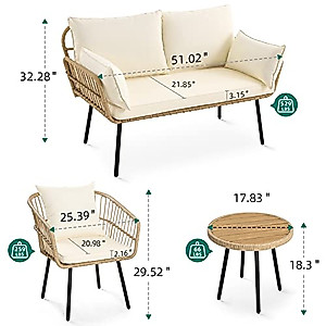 YITAHOME 4 Pieces Patio Furniture Set, Wicker Balcony Bistro Set, Outdoor All-Weather Rattan Conversation Set with Loveseat Chairs Table Soft Cushions for Backyard, Pool, Deck, Garden - Beige