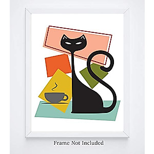 Mid Century Modern Atomic Cat & Coffee Cup Wall Art Print - 11x14 Unframed Abstract Decor. Shades of Mustard Yellow, Black, Moss Green, Pink, Orange & Aqua on White. Print No.16