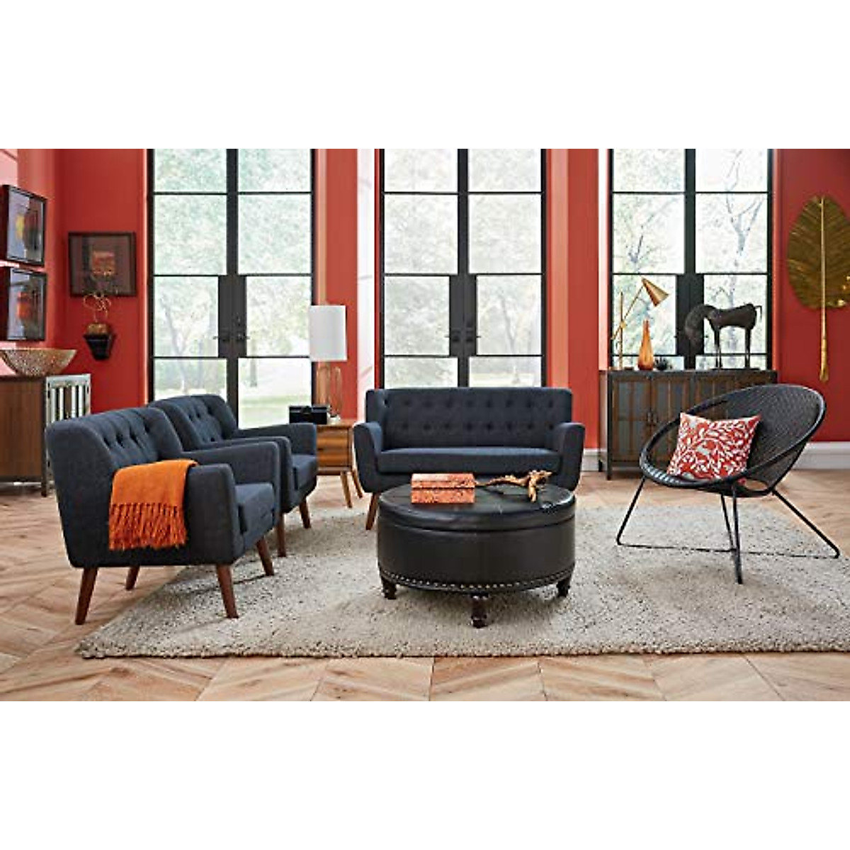 AVENUE•SIX OSP Home Furnishings Mill Lane Mid-Century Modern Loveseat with Button Tufted Design and Spring Cushion Support, Navy Blue Fabric