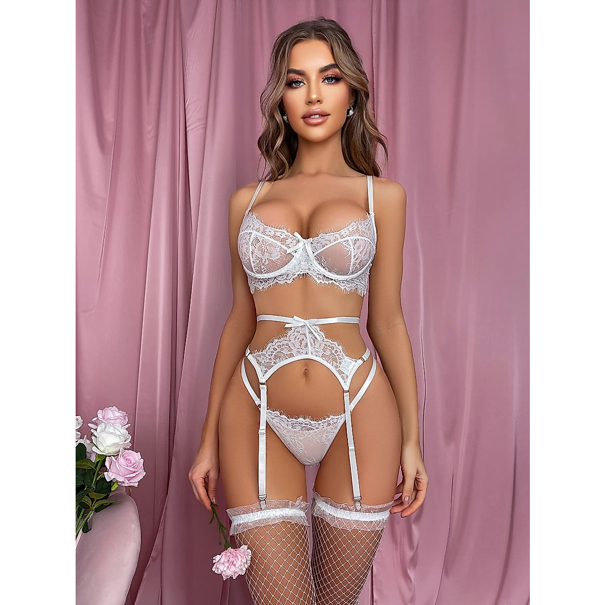 WDIRARA Women's Sheer Floral Lace Underwired Exotic Lingerie Set with Garter and Stockings White S
