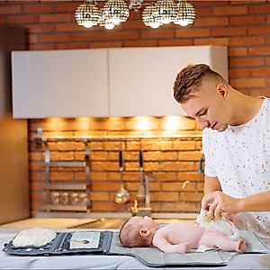 Portable Baby Changing Pad, Travel Diaper Bag Changing Mat with Head Cushion, Wipes Pockets-Waterproof & Foldable Baby Stuff for Newborn