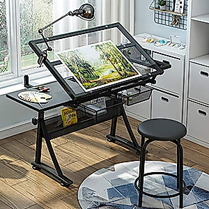 Drafting Desk, Drafting Table with Storage, Height Adjustable Tiltable Art Desk, Glass Panel Drawing Desk, for Work Study Painting Craft Table
