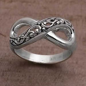 NOVICA Artisan Handmade Sterling Silver Band Ring Crafted Infinity Symbol from Bali No Stone Indonesia [ring Front 0.4 in H x 0.8 in W x 0.1 in D Band Width 3 mm W] ' Tangled Vine'