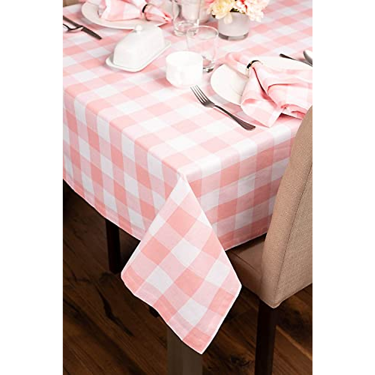 DII Buffalo Check Collection, Classic Farmhouse Tablecloth, Tablecloth, 52x52, Pink & White