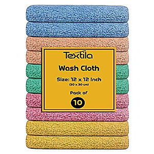 Textila Terry Washcloth Pack of 10 - Multicolor - 12x12 Inches, Soft and Absorbent - Perfect for Bath, Face, Hand, Kitchen, Spa, Hotel, Gym, and Home Use.