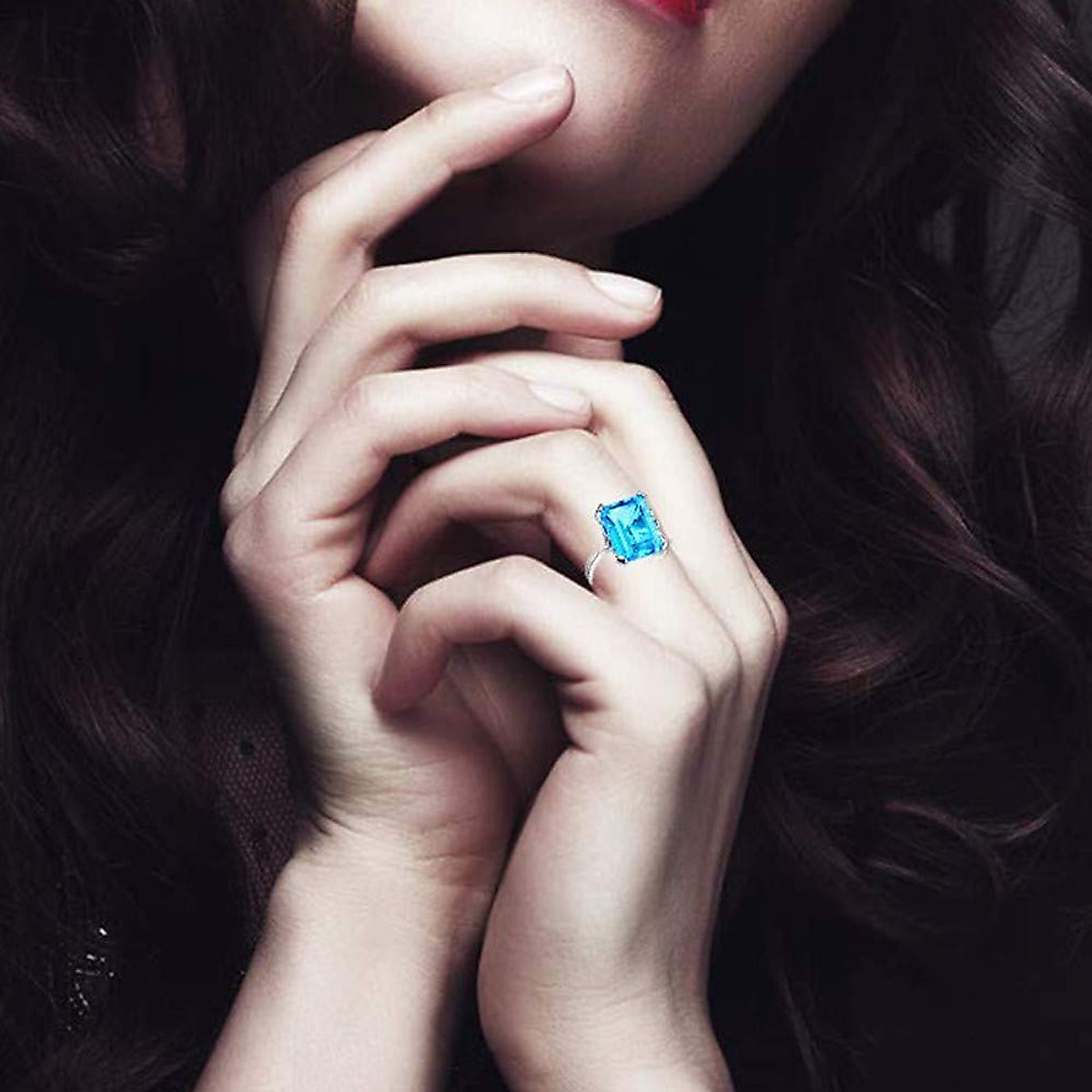 Uloveido Women Rhodium Plated Big Rectangle Blue Party Ring Emerald Cut Lab Blue Topaz Crystal Promise Engagement Rings Dainty Birth Stone Wedding Jewelry for Her Size 10 RJ292