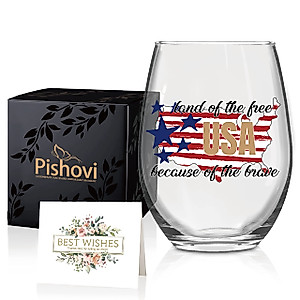 Pishovi USA Land of The Free Because of The Brave Wine Glass with Gift Box, Funny Flag Stemless Wine Glass, Memorial Day Gift, Day of Honor Retirement Gifts for Dad Grandpa Veteran Gifts