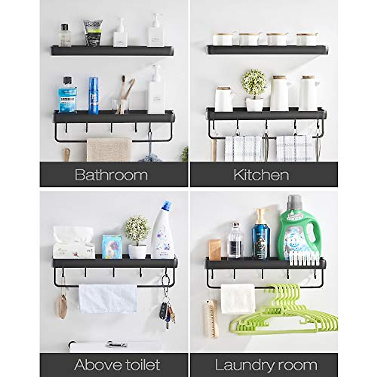 Lancher 2-Pack Bathroom Shelf (No Drilling) Shower Rack with Towel Bar 16" Shower shelf with Tower hooks Shower Caddy Bathroom Rack Bath Rack - Black