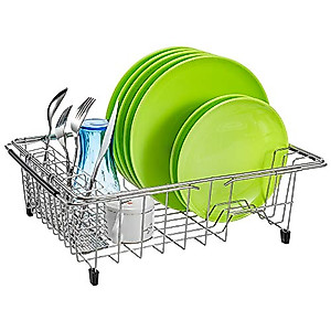 blitzlabs Expandable Dish Rack, Deep Large Dish Drying Rack with 4 Division Utensil Silverware Cutlery Holder, Dish Drainer Shelf Dish Rack in Sink On Counter, Rustproof Stainless Steel