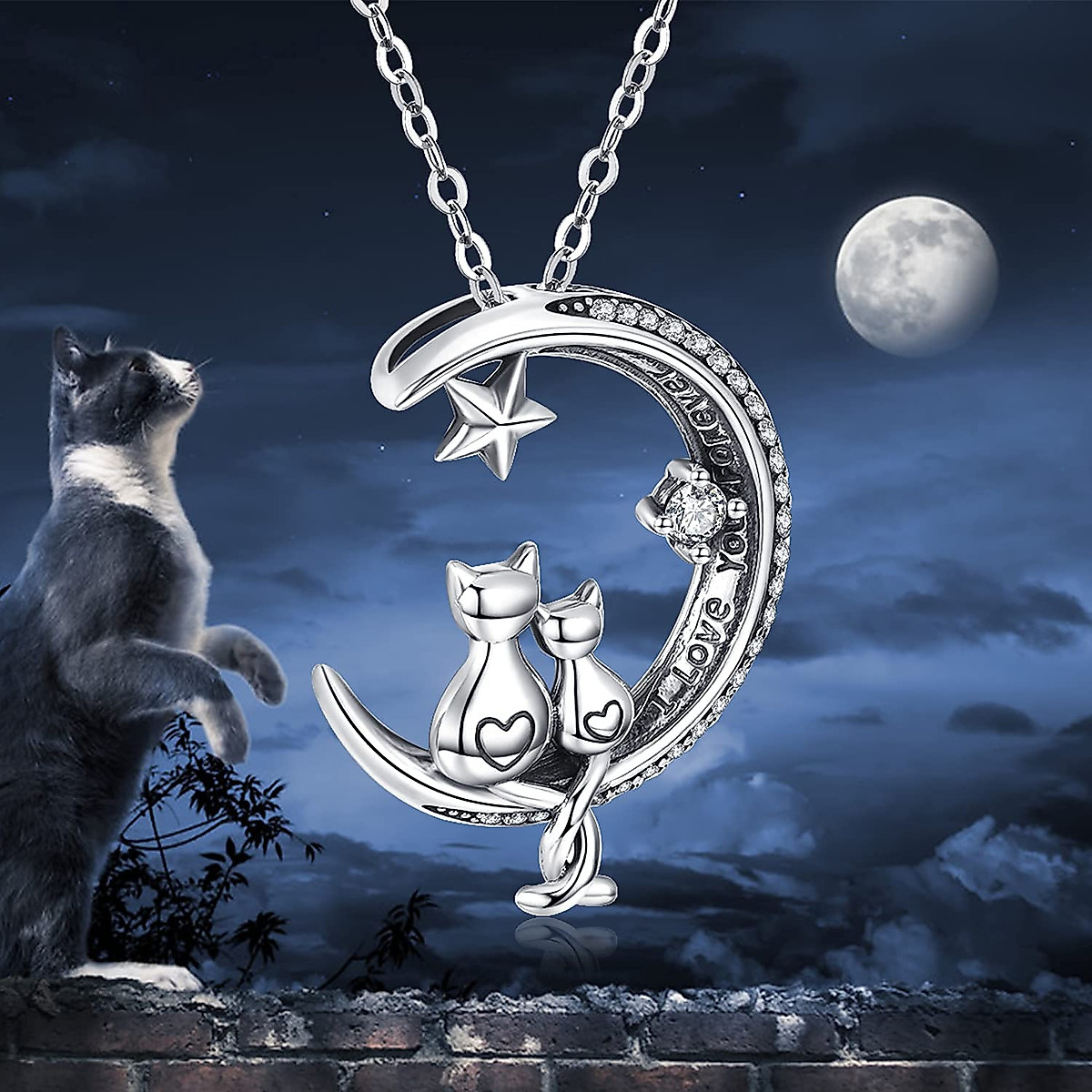 Odinstone Cat Necklace, S925 Sterling Silver Cat on Moon Pendant with Cubic Zirconia, Cat Jewelry Mothers Day Gifts for Mum with Gift Package - I Love You Forever