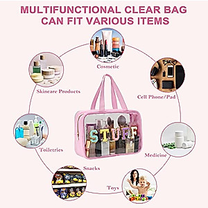 Yowivon Clear Tote Bag Pink Preppy Large Makeup Bag Travel Toiletry Cosmetic Organizer Bag with Handle, Transparent Waterproof Beach Bag Snack Stadium Bags for Women Girls