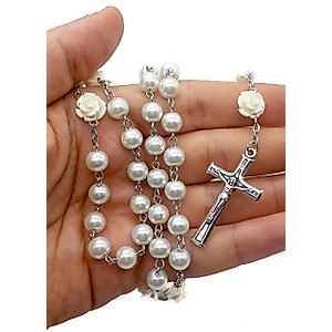 Nazareth Store White Pearl Beads Rosary Roses Mystery Beads Prayer Necklace Our Rose Lourdes Medal and Cross Crucifix