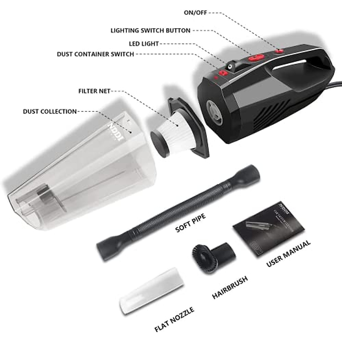 Car Vacuum Cleaner, Wet & Dry Use with LED Light and 15ft Power Cord, Handheld Vacuum Cleaner High Power 8000Pa/120W/DC12V, Small Auto Accessories Kit for Interior Detailing