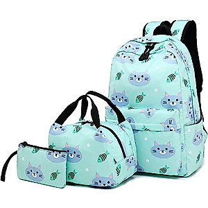 Backpack for School Girls Kids Bookbag Set Water Resistant School Bag with Insulated Lunch Bag (Cat-Water Blue)
