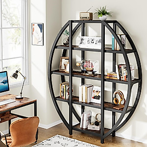 Tribesigns Etagere Bookcase, 5 Tiers Large Tall Oval Bookshelf, Industrial Wood Bookshelves Display Open Shelf Organizer for Living Room, Bedroom, Home Office