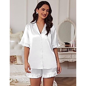 Ekouaer Pajama Sets for Women Soft Satin Sleeping Wear Summer Silky Short Sleeve Pjs Two Piece Lounge Set White,Small