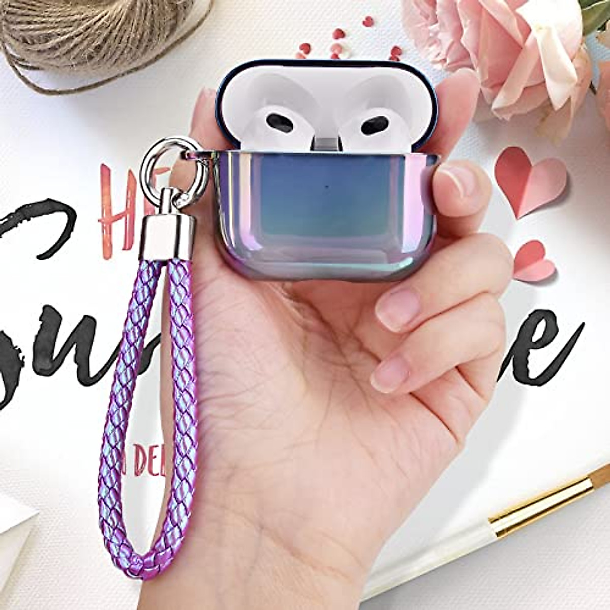 AirPods 3 Case Cover, AIRSPO AirPods 3rd Generation Case Women Clear Lasher Hard PC Protective Case Colorful Skin Compatible with Apple AirPods 3 Case with Keychain (Glittery Purple)