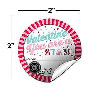 Lights Camera Action Movie Star Themed Valentine Party Favor Sticker Labels, 40 2" Party Circle Stickers by Amanda Creation, Great for Classroom Valentines, Envelope Seals, Gifts & Treats