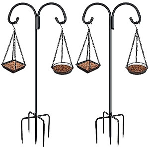 Gtongoko 92 Inch 2 Pack Adjustable Double Shepherd Hook for Outdoor with 5 Prong Base, 5/8 Inch Thick Heavy Duty Bird Feeder Pole for Bird Feeder Lanterns Weddings Decor
