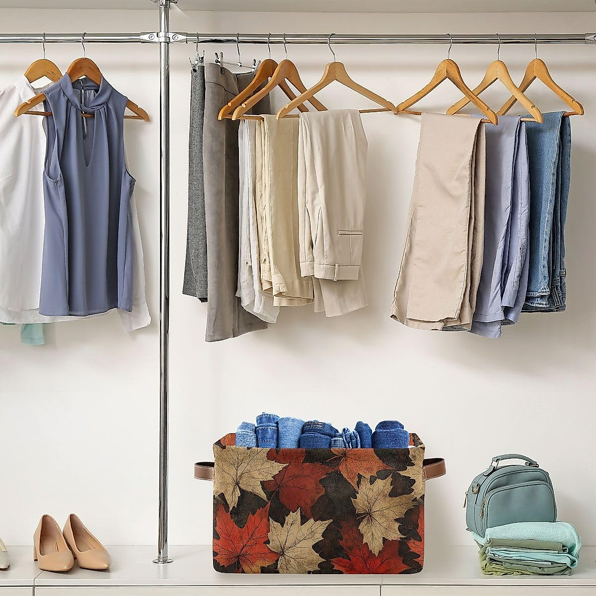 Maple Leaf Storage Basket,Vintage Fall Autumn Large Storage Bin Fabric Collapsible Organizer Bag with Handles 15x11x9.5 inch