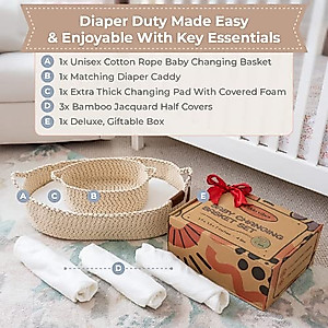 Kiddo Vibes Baby Changing Basket Set w/Comfy Fluted Pad, 3 Waterproof Bamboo Jacquard Covers & Large Matching Diaper Caddy, Reinforced Cotton Rope Moses Basket w/Built-in Safety Belt CPSC Compliant