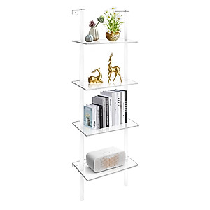Cutora Acrylic Ladder Bookshelf 9.5" D x 15.6" W x 60" H Clear Bookcase Narrow Display Shelf for Small Space Wall Mounted Storage Rack for Living Room Bedroom Cloakroom Bathroom (4-Tier)
