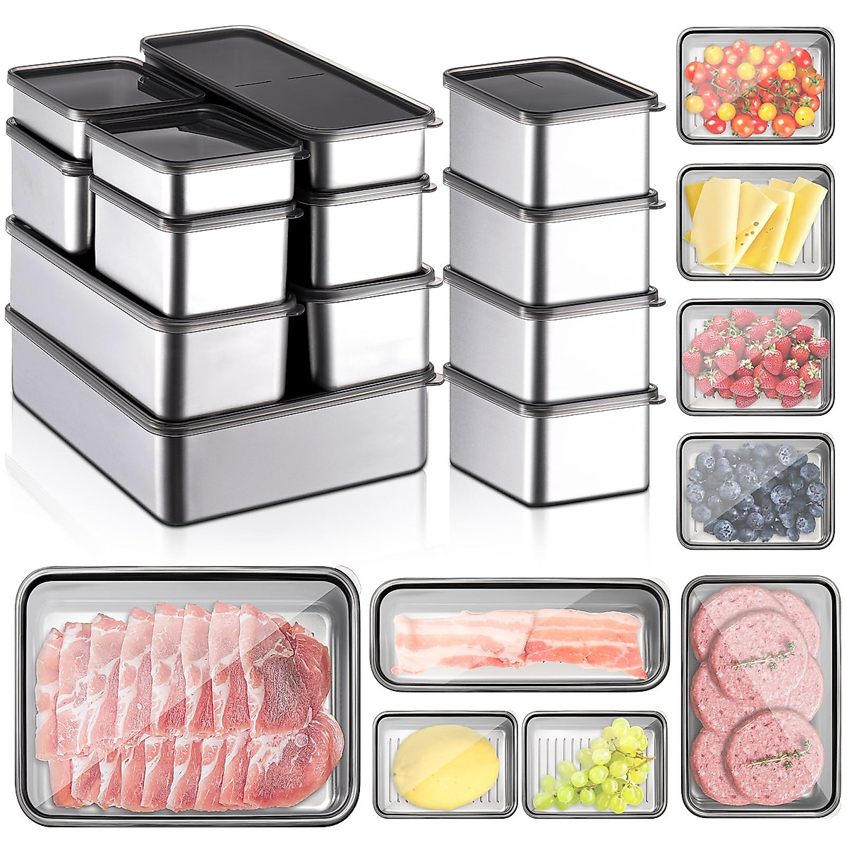 Hushee 13 Pack Stainless Steel Food Storage Containers 30,60,120,13.5 oz Airtight Stackable Fridge Organizer Bins with Lids Food Packing Box for Bacon Cheese Meat Fruit Vegetable Storage