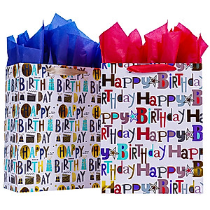Elephant-package 2Pcs 12.6" Large Happy Birthday Gift Bags with Tissue Paper for Birthday Party.