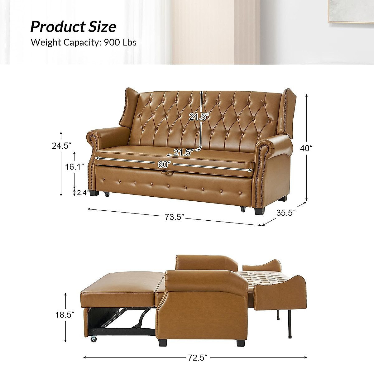 HULALA HOME 74" Leather Couch with Pull Out Bed, Convertible Sofa Bed Couch with Nailhead Arms and Tufted Back, Sleeper Loveseat Sofa for Bedroom Small Spaces, Living Room, Office, Camel