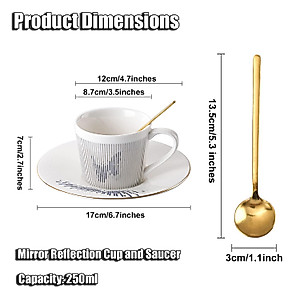 RUNLAIKEJI Mirror Reflection Cup and Saucer, 8 oz Mirror Coffee Cup, Illusion Cups, Anamorphic Cup and Saucer, Moving Reflection Coffee Cup, Reflection Coffee Cup, Ceramic Coffee Mug