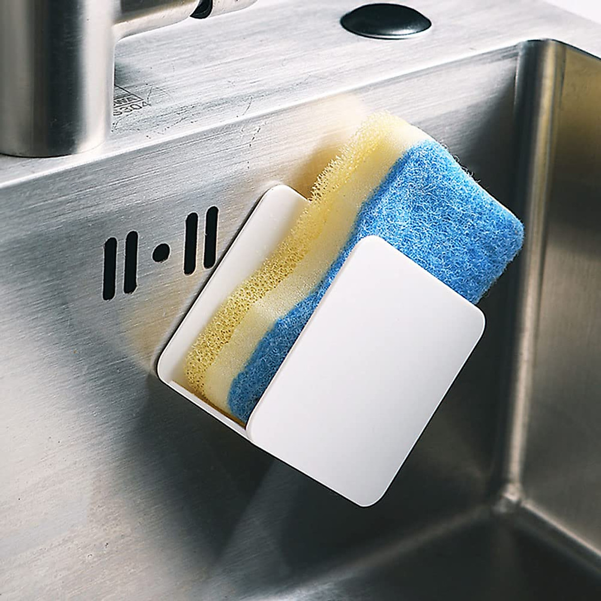 esowemsn 2PCS Plastic Kitchen Sink Sponge Holders White Adhesive Sponge Holder for Kitchen Sink Bathroom Shower Sponge Organization