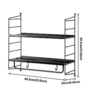 2 Tiers Multi-functional Wall Racks Floating Shelves , Wall Mounted Storage Shelves with Black Metal Frame and Towel Rack And Two Hooks for Bathroom, Bedroom, Living Room, Kitchen, Office (Black)