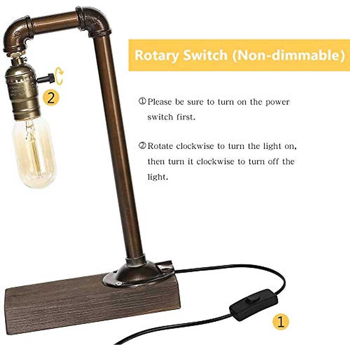 HAITRAL Retro Vintage Table Lamp- Industrial Loft Style Steam Punk Lamp with Wood Base Iron Piping Desk Lamp for Bedside, Living Room, Kitchen, Café, Pub, Dorm, Set of 2