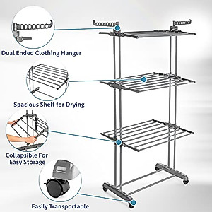 Luxe Laundry Premium Clothes Drying Rack - 4-Tier Foldable Stainless Steel & Collapsible Drying Rack - Free Standing & Easy to Assemble Indoor Laundry Drying Rack for Garments and Clothing, Gray/Gray