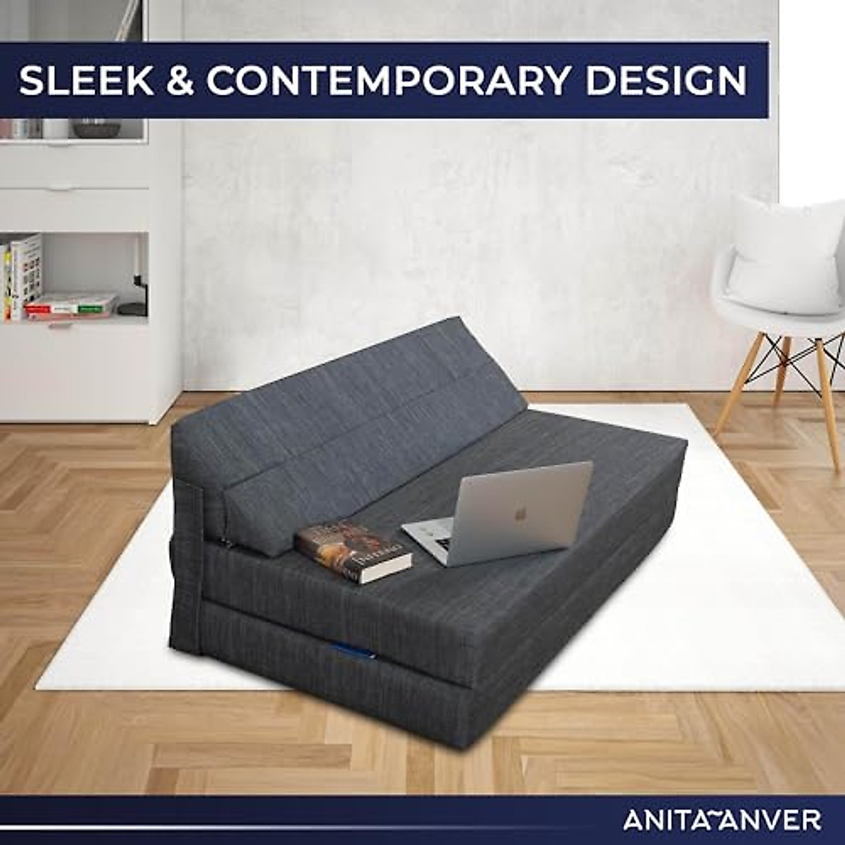 Anita Anver 60" Fold Out Couch Bed, Sleeper Chair Futon, Washable Linen Cover, Comfort Optimized Back-Support Design (Queen, Dark Grey)