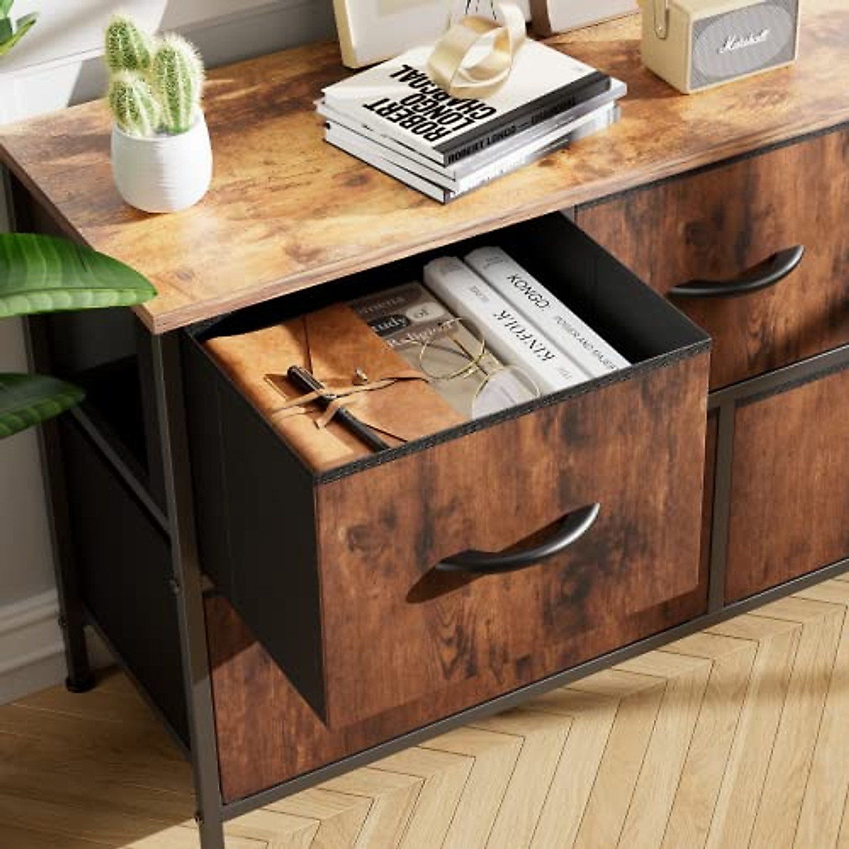 Sweetcrispy Rustic Brown Kids, 5 Dresser Chest Bedroom, Metal Frame and Wood Top for TV Stand up to 45 inch with Fabric Storage Drawer Units for Living Room