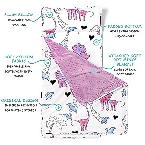 JumpOff Jo - Toddler Nap Mat for Preschool, Daycare, and Kindergarten - Sleeping Bag for Kids with Removable Pillow and Ultra Soft Blanket - Pink Dino