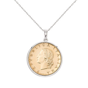 Miabella 925 Sterling Silver Italian Genuine 20-Lira Medallion Coin Chain Pendant Necklace for Women 18 Inch Made in Italy