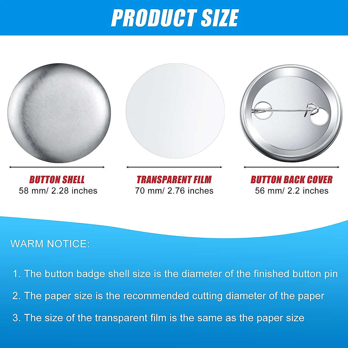 150 Pcs Round Button Parts Blank Button Making Supplies Metal Button Badge Sets for Button Maker Machine, Include Metal Shells Metal Back Cover Clear Film Components (Silver, 58 mm/ 2.28 Inch)