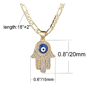 kelistom 14K Gold Plated Evil Eye Hamsa Hand Necklace for Women Men | Gold Cubic Zirconia Inlay Evil Eye Pendant Necklace | 3mm Figaro Chain Necklace 18/22 inches