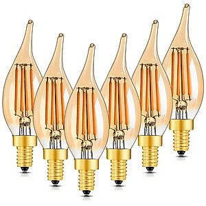 Grensk Dimmable E12 Candelabra LED Light Bulbs 4W Type B Amber Flame Tip Vintage Chandelier Bulbs Equal to 40Watt Incandescent,2200K Warm White CA10 Candle Bulb for Decor Lighting, 550Lumen,6Pack