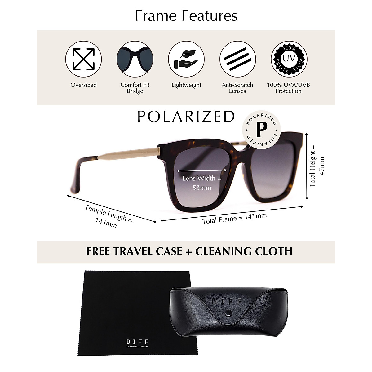 DIFF Bella Designer Square Oversized Sunglasses for Women UV400 Polarzied Protection w/giftable travel case, Amber Tortoise + Steel Gradient