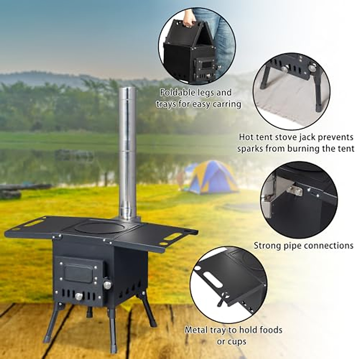 Kcelarec Camping Tent Stove with Chimney Damper | Folding Camping Wood Burning Stove Grill for Outdoor Cooking | Stainless Steel Grill