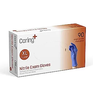 Caring Nitrile Exam Gloves (90ct), Powder Free and Not Made with Natural Rubber Latex, Gloves for Medical Use, Cleaning, Food Prep and More, XL