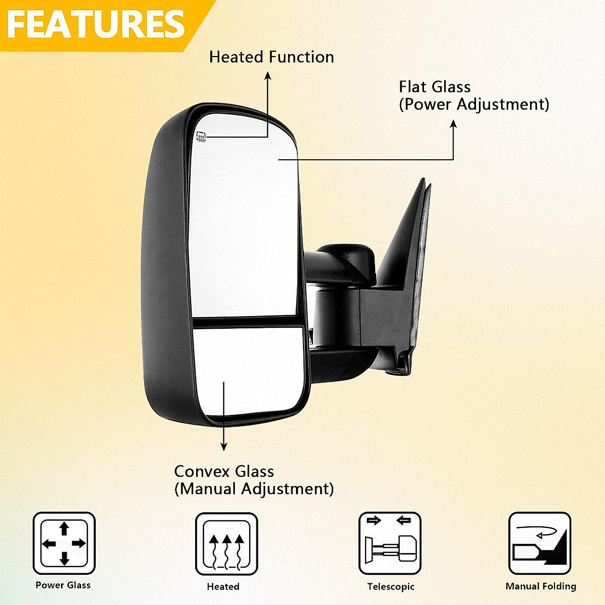 Perfit Zone Towing Mirrors Compatible with 2007-2014 Chevy Silverado for GMC Sierra 1500 2500 3500 HD Yukon Tahoe Black Power Heated Convex Lens Manual Folding Pair Set Driver Passenger LH RH