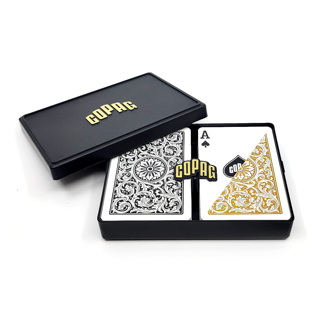 Copag 1546 Design 100% Plastic Playing Cards, Bridge Size (Narrow) Black/Gold (Standard Index, 1 Set)