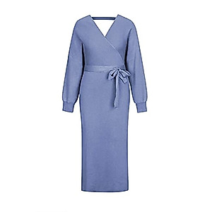 Selowin Women Elegant V Neck Wrap Backless Bodycon Batwing Sleeve Slit Belted Knited Sweater Dresses Blue X-Large